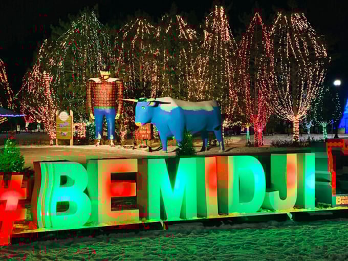 A stop in Bemidji means holiday cheer with a side of folklore&mdash;Paul Bunyan and Babe never looked so festive.