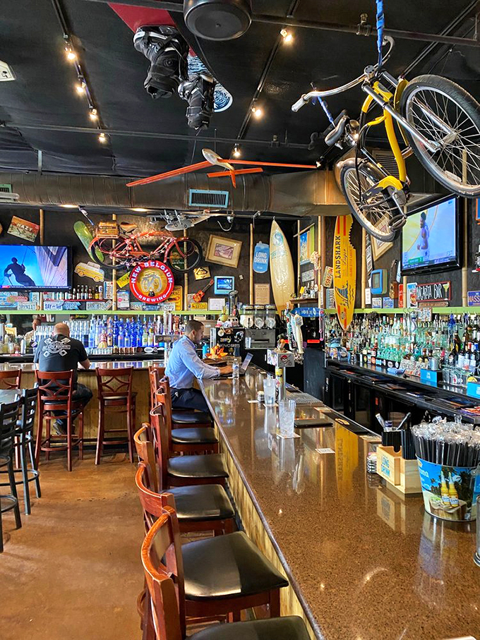 Happy diners, happy times. This scene is like a Norman Rockwell painting, if Norman had a thing for surfboards and burgers.