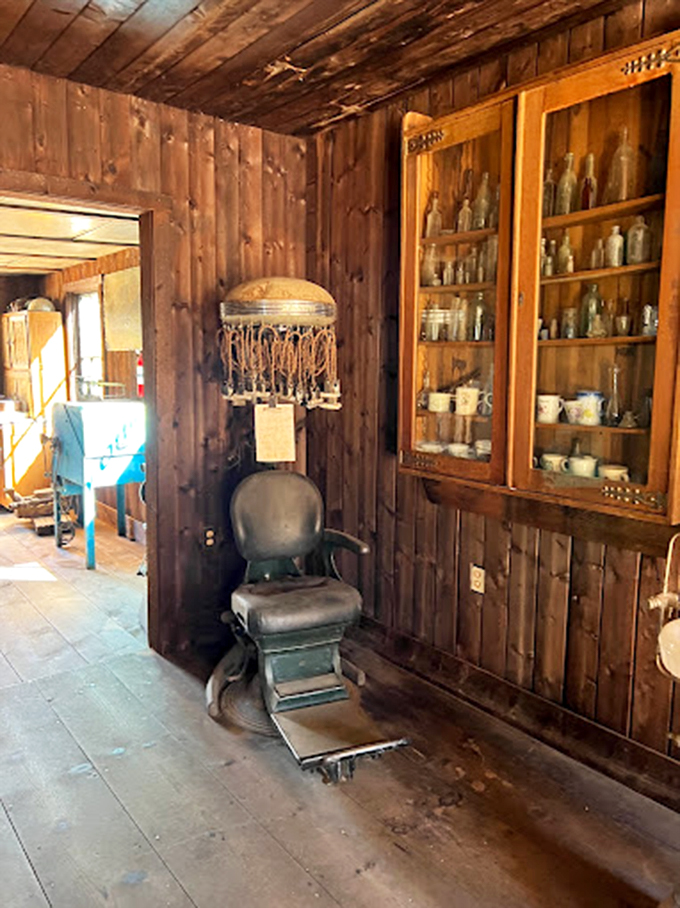 The original spin doctor! This vintage barber chair promises a trim with a side of local gossip and frontier fashion tips.