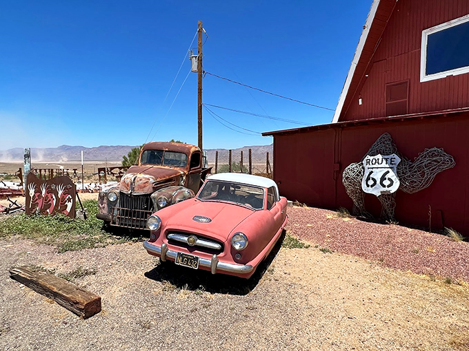Who needs GPS when you've got this beauty? This Route 66 sign isn't just metal and paint – it's a portal to endless adventures and questionable map-reading skills.