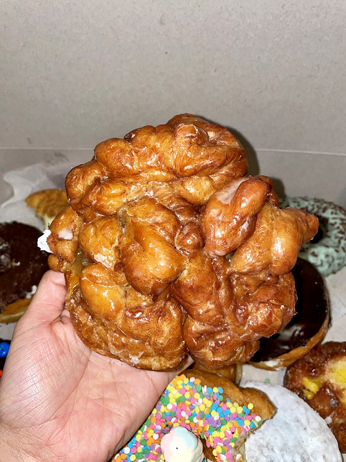 The Hulk of pastries! This apple fritter is a glorious tangle of dough and fruit, fried to golden perfection and glazed with reckless abandon.