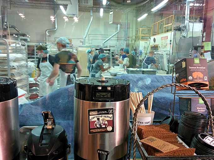 Behind the scenes of deliciousness! Peek into the bustling kitchen where bakers work their magic, turning flour and water into edible gold.