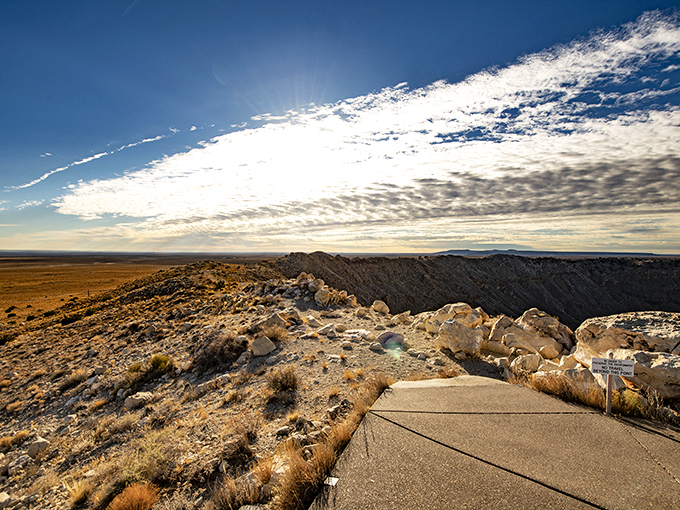 Sunset at the edge of eternity! This golden hour view of Meteor Crater is Mother Nature's way of saying, "Top that, Hollywood!"