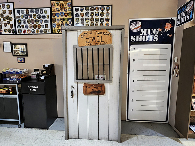Guilty of being delicious! This mock jail cell and mug shot board turn a quick snack stop into a full-fledged photo op. Say cheese... danish!