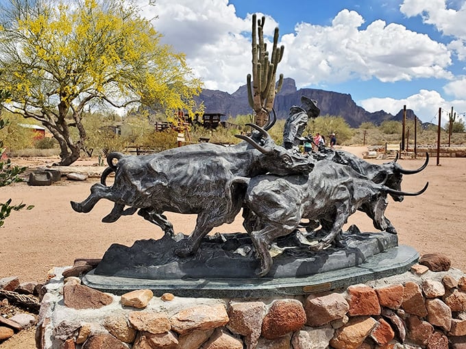 These bronze bovines are having a real rodeo! It's a stampede frozen in time, no lasso required.