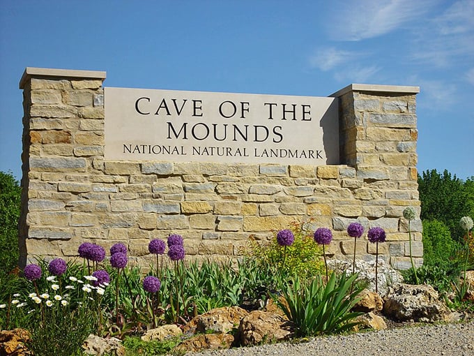 "Cave of the Mounds: National Natural Landmark" - it's like getting a gold star from Mother Nature herself. Purple flowers add a royal touch to this geological kingdom.