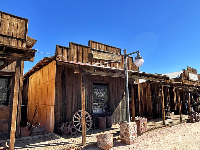 Main Street, mining town edition! These weathered storefronts have seen more drama than a Wild West soap opera.