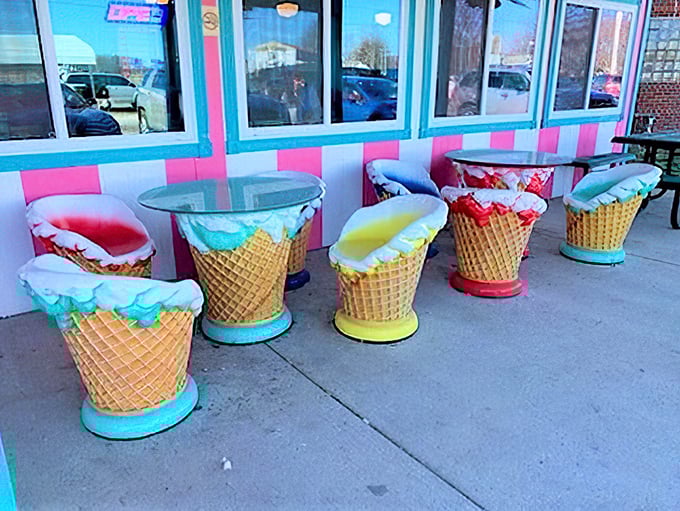 Ice cream social, anyone? These waffle cone seats are the cherry on top of the Pink Elephant's deliciously quirky sundae.