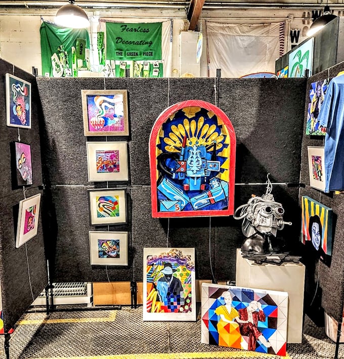 Gallery or garage sale? This colorful cornucopia of canvases is like a Jackson Pollock painting come to life&mdash;and put up for adoption.