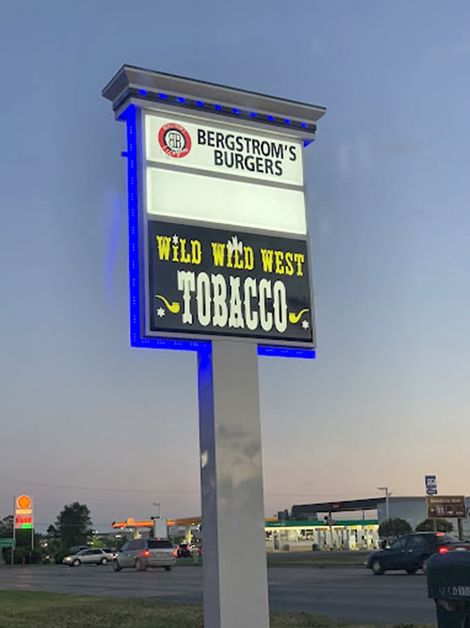 Lights, camera, appetite! Bergstrom's sign shines like a beacon of hope for empty stomachs everywhere. Bonus points for the Wild West flair!