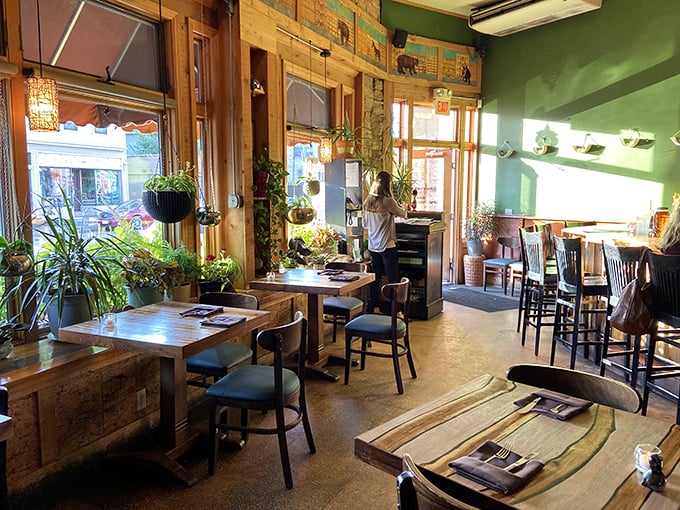 Plants, pendant lights, and culinary delights. The Odd Duck's dining area is a feast for the eyes and the stomach.