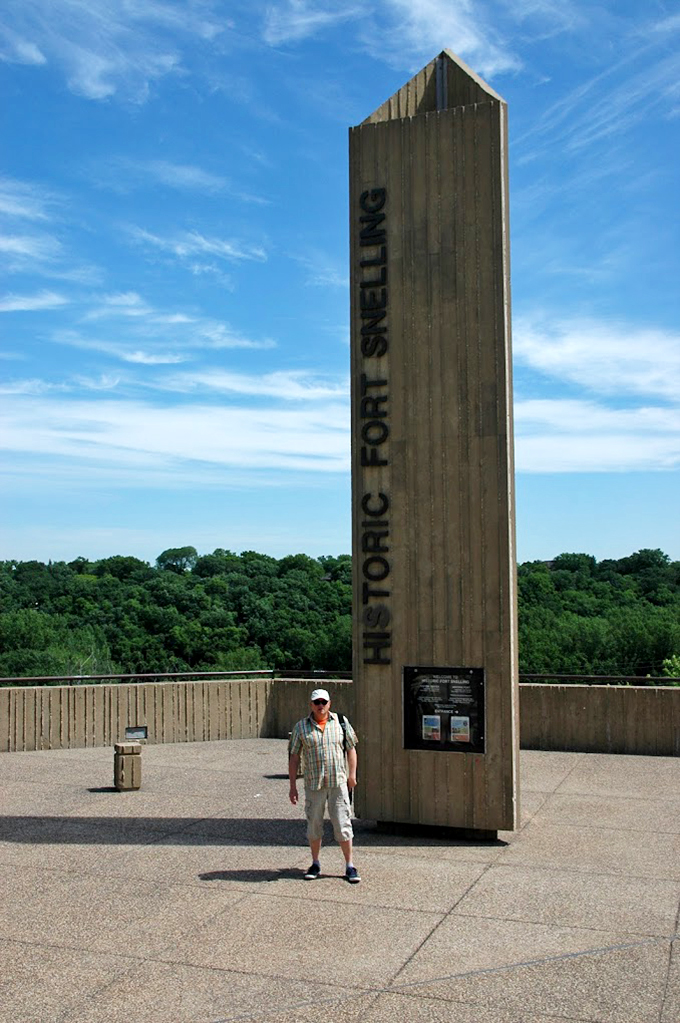 Fort Snelling's welcoming committee stands tall. This monumental marker is like the historical equivalent of a "You Are Here" sign, but way cooler.