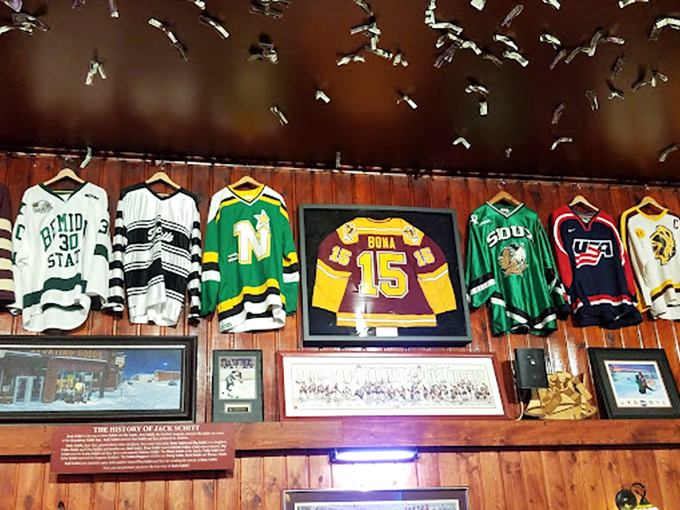 A hall of fame for puck-slingers and wiener-slingers alike. This wall decor is a testament to Minnesota's love affair with hockey and hot dogs.