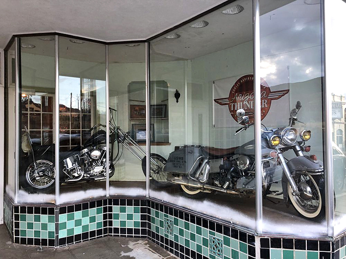 A window display that's more tempting than a holiday sale. These vintage bikes are the cherry on top of this diner's charm.