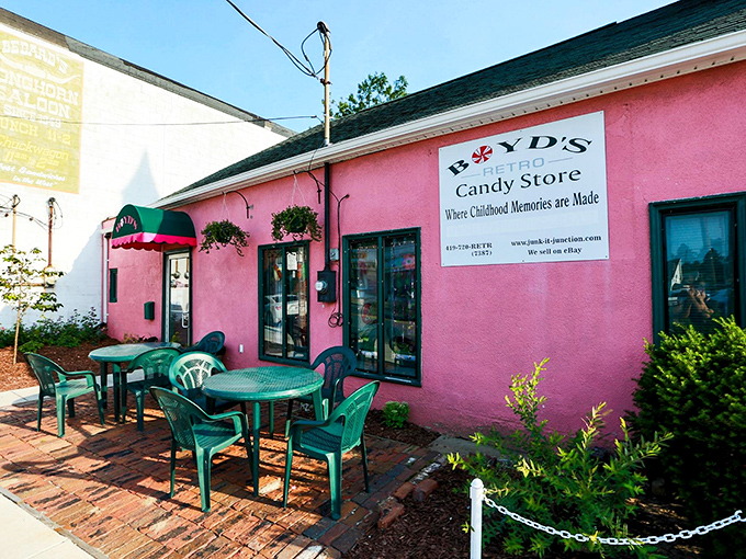 Sweet retreat! Boyd's outdoor seating area is the perfect spot to savor your sugary spoils and plot your next candy conquest.