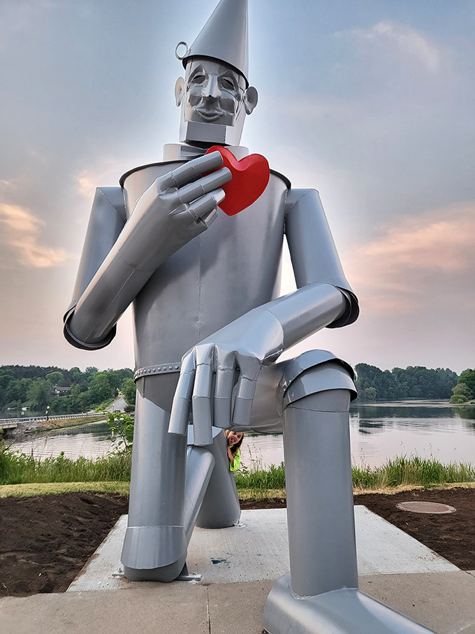 Sunset serenity with a touch of whimsy. The Tin Man basks in the golden hour, heart aglow.