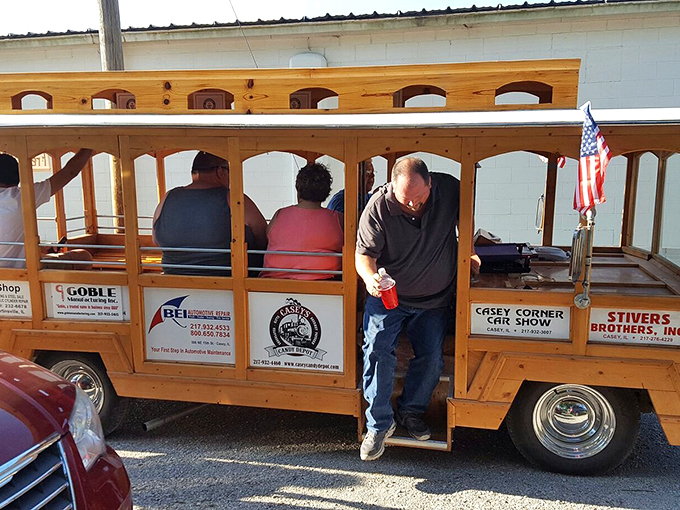 All aboard the quirk express! This trolley's ready to take you on a tour of Casey's larger-than-life attractions.