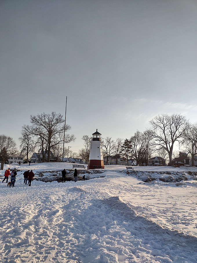 "Winter wonderland meets maritime charm. Snow-dusted and stoic, it's the lighthouse equivalent of a cozy sweater on a chilly day."