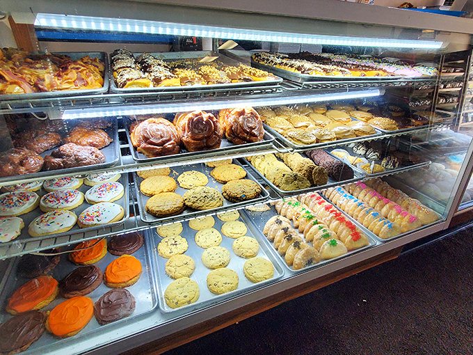 A rainbow of sweetness awaits! This display case is like the Louvre of baked goods &ndash; each pastry a masterpiece, begging to be admired (and devoured).