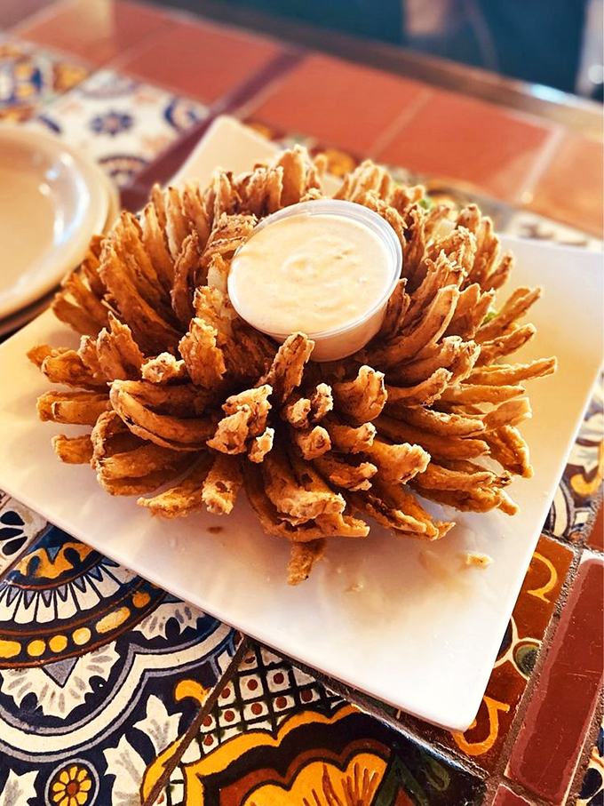 The Blooming Onion: Nature's most delicious flower. It's like a crispy, golden firework of flavor exploding on your plate. Dip and enjoy!