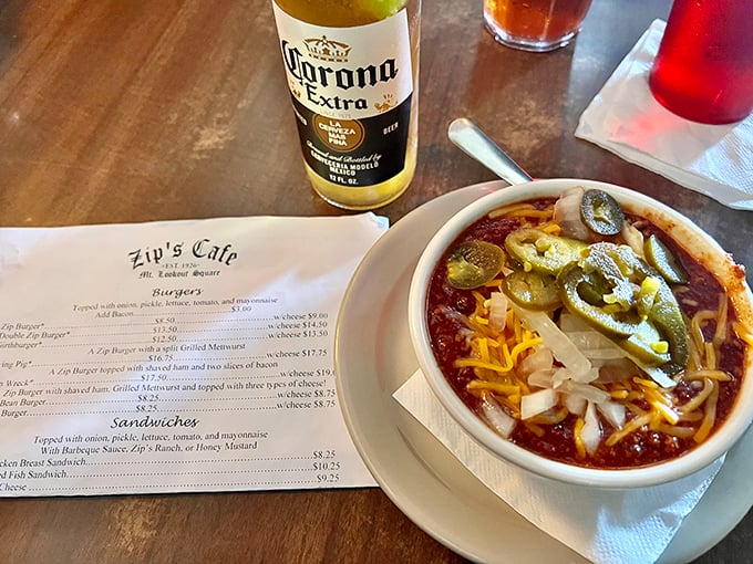 Chili and beer: The dynamic duo of comfort food! At Zip's, they're a match made in culinary heaven.