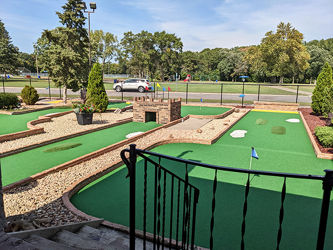 A bird's eye view of mini-golf paradise. Each hole is a new challenge, a fresh adventure, and another chance to impress your date with your putting skills.
