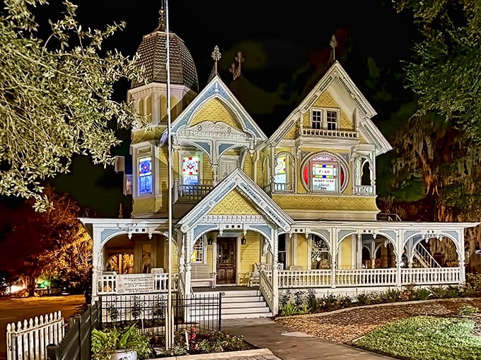 As night descends, the Donnelly House glows like a Victorian lighthouse. Who needs a nightlight when you've got this beauty?