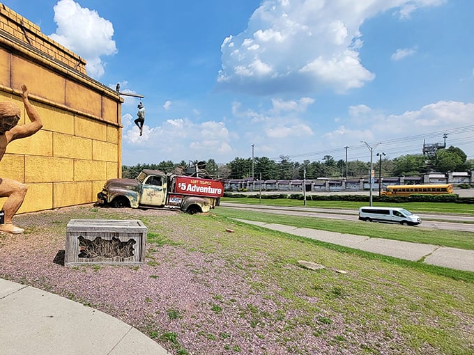 Who knew ancient temples had parking lots? That vintage truck looks like it's been waiting for its owner since the Eisenhower administration.