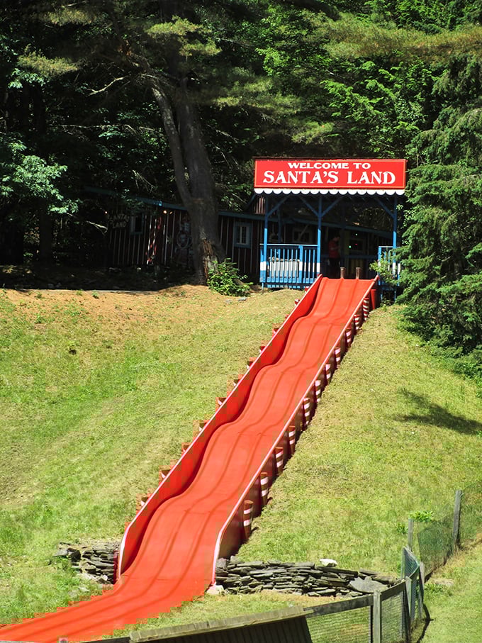 Slide down the chimney? No way! This cherry-red slide looks way more fun (and less sooty) than Santa's usual entrance.