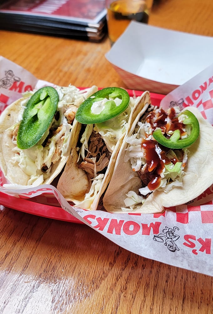 Taco 'bout delicious! Monk's street tacos bring a fiesta of flavors to your taste buds, topped with fresh jalape&ntilde;os for those who like it spicy.