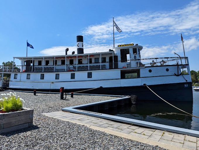 Nautical pit stop! The Katahdin steamboat offers a watery respite from your asphalt adventures.
