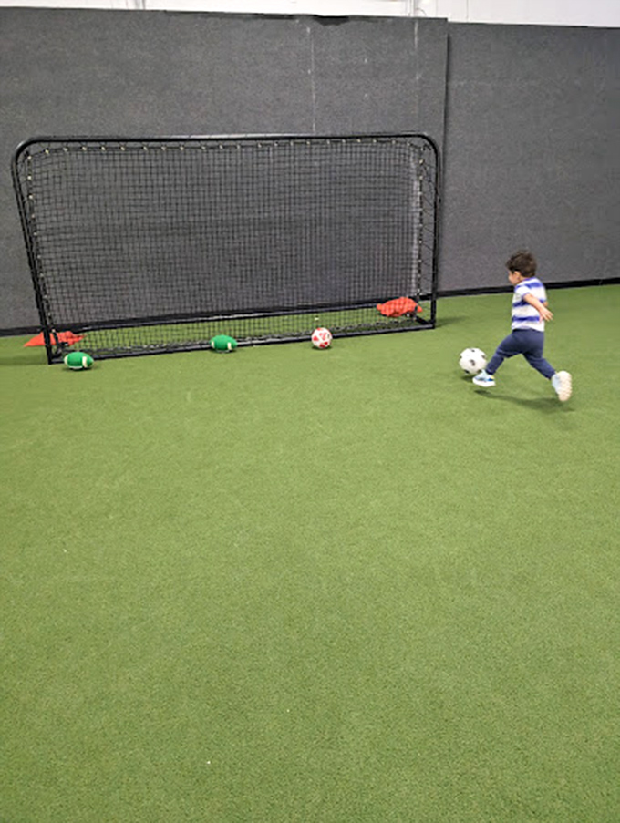 Bend it like Beckham (or at least try)! This indoor soccer setup lets kids practice their footwork year-round.