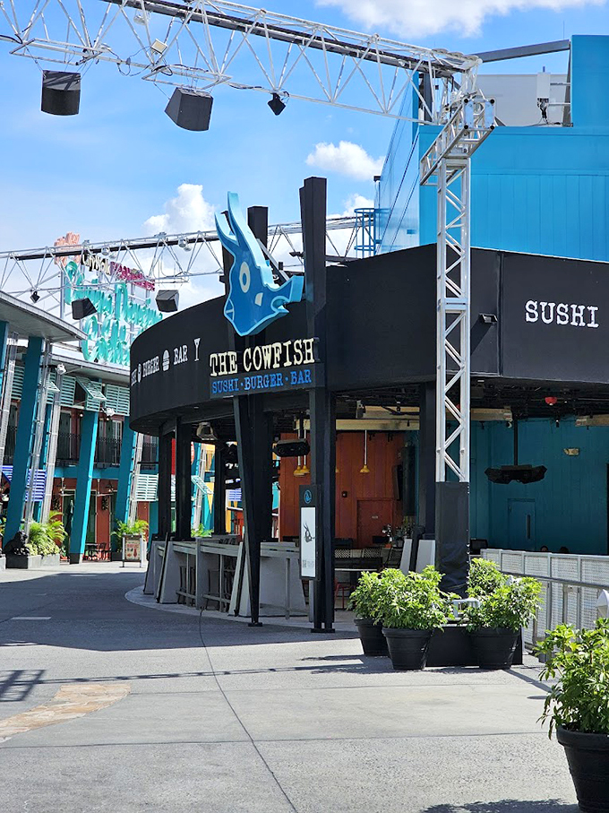 The Cowfish stands tall and proud, ready to welcome hungry adventurers. It's like a beacon of hope for empty stomachs everywhere!