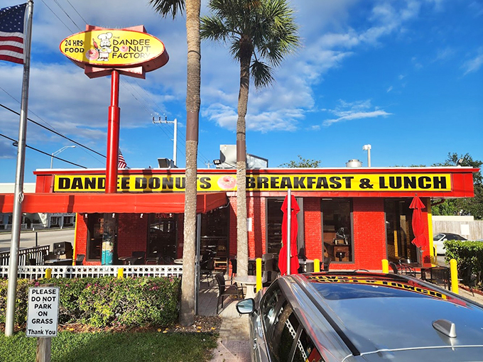 Red, white, and delicious! Dandee Donut Factory stands proud, a beacon of hope for empty stomachs everywhere. Your taste buds' new happy place awaits!