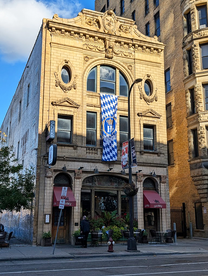 Gluek's exterior is like a architectural time capsule with a beer garden twist. It's not just a meal, it's a journey to old-world Minneapolis!