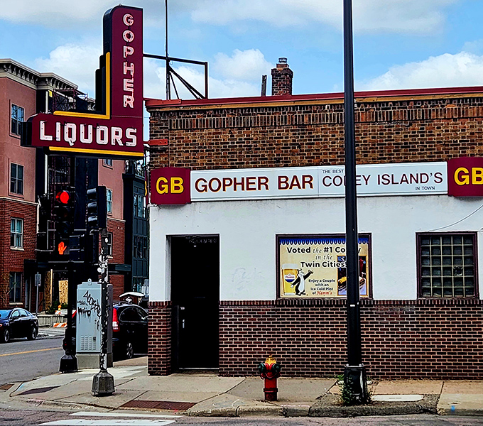 The Gopher Bar: where legends are born, and waistlines are challenged. This unassuming exterior hides a world of Coney-licious wonders.