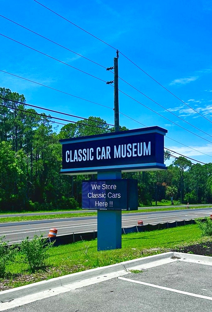 Follow the signs to automotive bliss! This roadside marker is like a lighthouse for car lovers, guiding them to a safe harbor of chrome and carburetors.