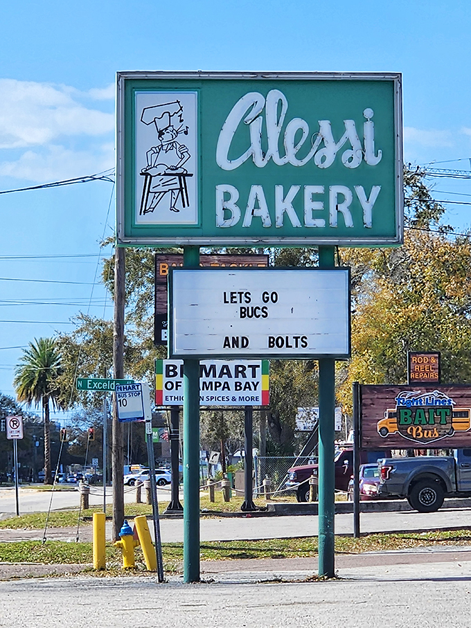 The sign says it all: At Alessi Bakery, you're not just eating pastries, you're joining a delicious Tampa tradition. Go Bucs... and bolts of sugar!