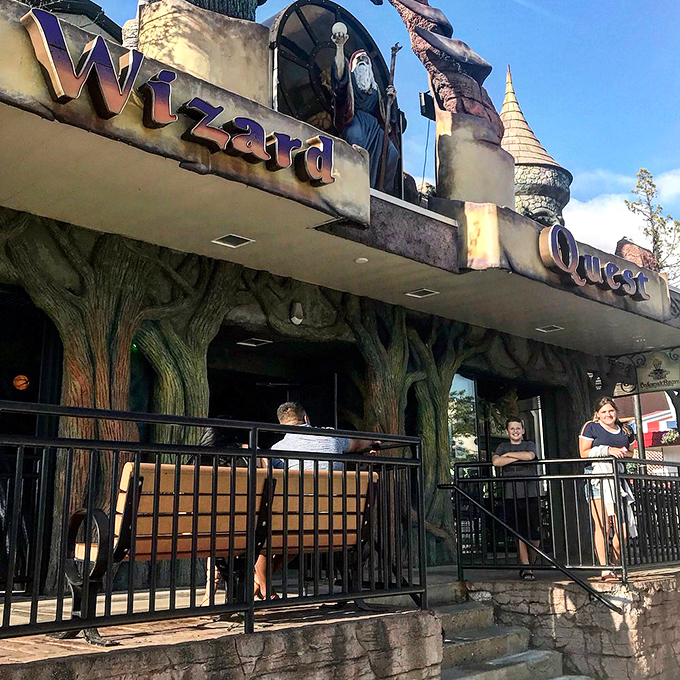 The gateway to adventure awaits! Wizard Quest's exterior promises a world of wonder just beyond those mystic tree trunks.