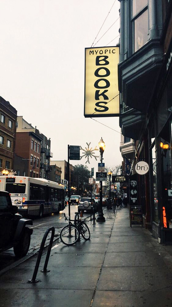 A beacon for book lovers! Myopic's iconic sign stands out in Chicago's vibrant Wicker Park, beckoning readers from far and wide.