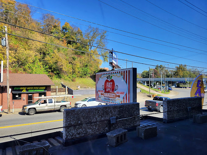 A bird's eye view of sugar paradise! From up here, the Fat Apple Bakery looks like the command center for all things delicious in Bridgeport.