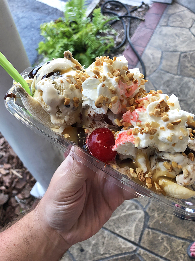 The mother of all sundaes! This banana split looks like it could feed a small village or one very determined dessert enthusiast.