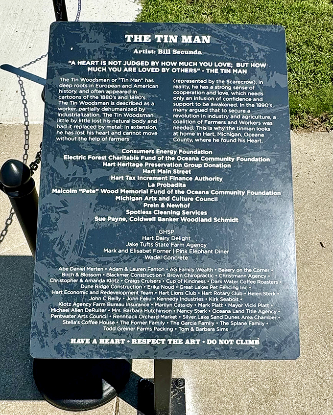 History meets fantasy at the Tin Man's feet. This plaque tells a tale of community spirit and metallic magic.