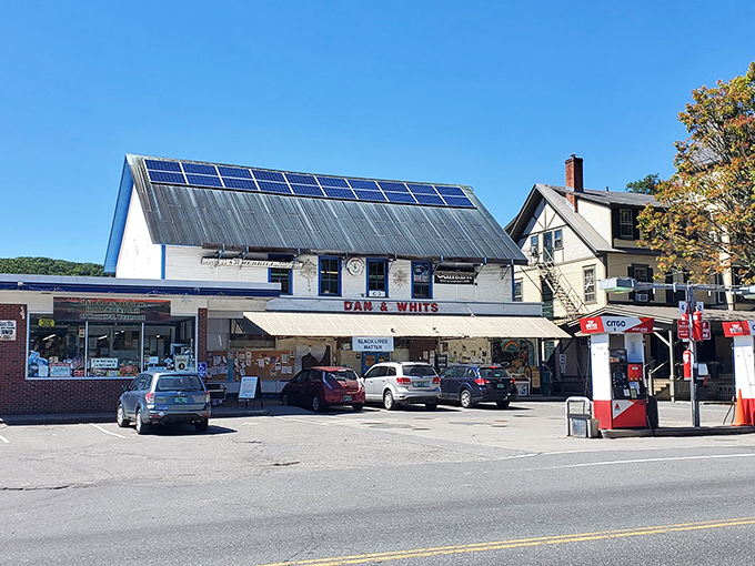 Parking lot or town square? At Dan & Whit's, it's both. Solar panels on the roof prove you can teach an old store new, eco-friendly tricks.