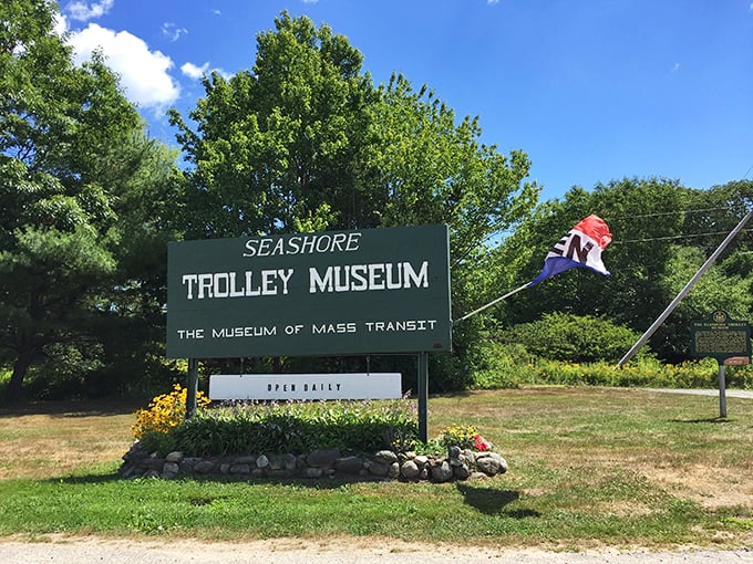 Your ticket to trolley paradise! This sign isn't just an entrance marker; it's an invitation to the most electrifying history lesson in Maine.