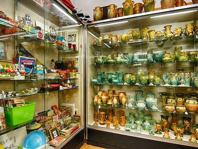A rainbow of retro treasures awaits in these display cases. It's like raiding Liberace's garage sale, but with better organization and less sequins.