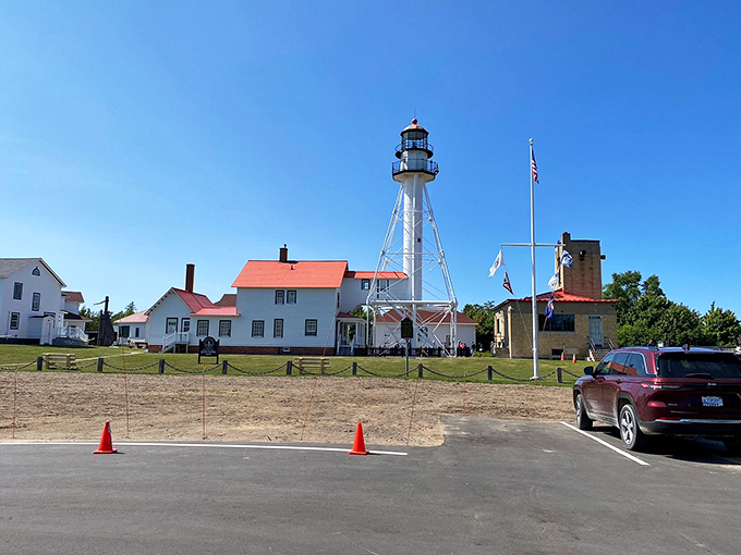 Lighthouse in the limelight! This panoramic view showcases Whitefish Point in all its red, white, and blue glory.
