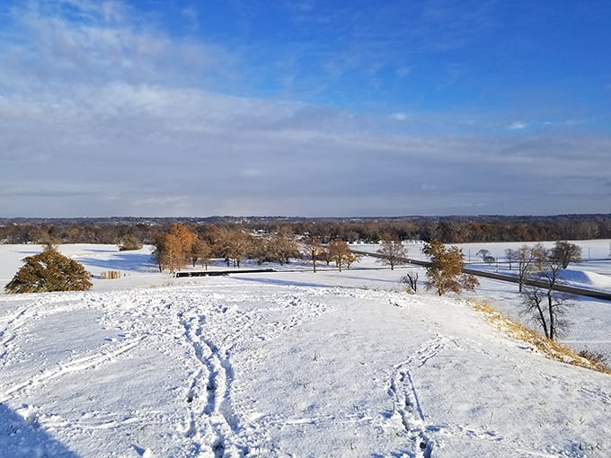 Winter wonderland or ancient metropolis? At Cahokia, you can have your snowball and throw it too, right into the face of history!