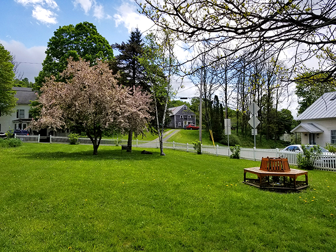 A peaceful corner of Brookfield invites visitors to pause and soak in the small-town serenity.