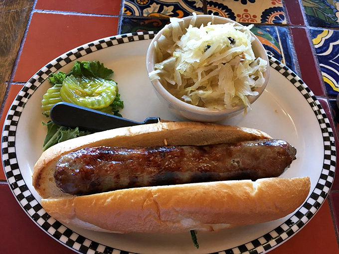 This bratwurst means business. It's not just a sausage; it's a flavor-packed journey from Seligman to Bavaria, no passport required.